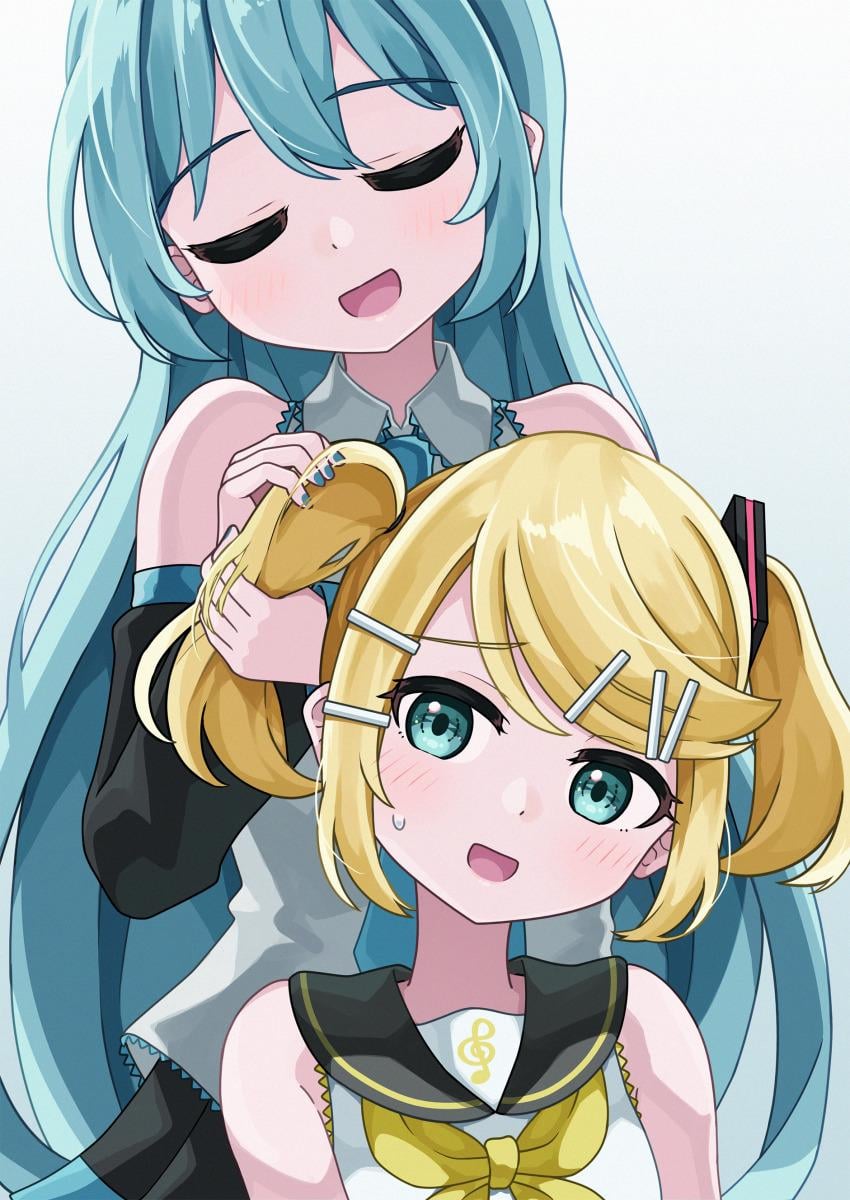 Miku tying Rin's hair into twintails [Vocaloid] - MAG.MOE